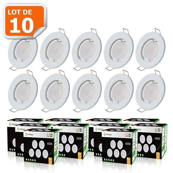 Lot De 10 Spot Led Encastrable Complete Ronde Fixe Eq 50w Lumiere