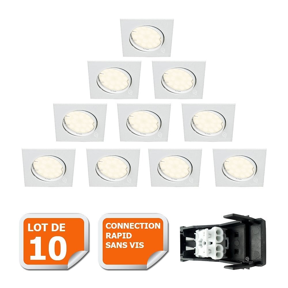Lot De 10 Spot Encastrable Orientable Led Carre Gu10 230v Eq 50w Blanc