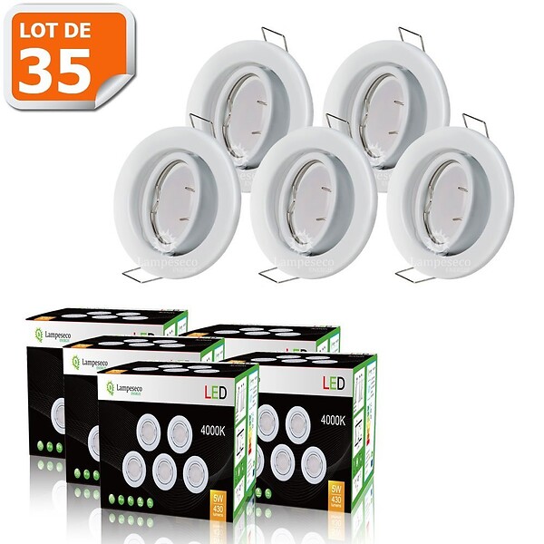 LOT DE 35 SPOT LED ENCASTRABLE COMPLETE ORIENTABLE BLANC AVEC AMPOULE GU10 230V eq. 50W, LUMIERE ...
