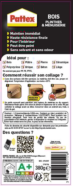 Colle Fixation Gamme Rationnelle - Bois Menuiserie Cart 380g PATTEX ...
