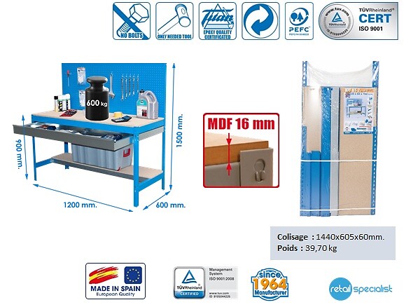 SimonRack - Etabli avec tiroir et panneau mural 1440x1200x600mm - BT-2 BOX 1200 GALVA/BOIS ...