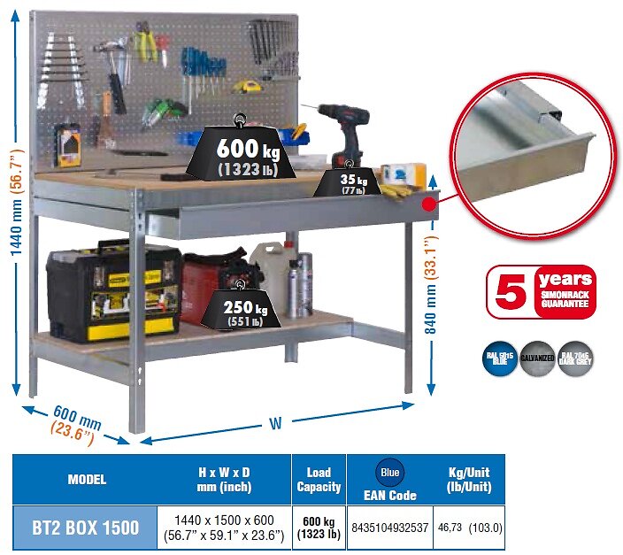 SimonRack - Kit Etabli avec tiroir 1440x1500x600mm - BT-2 BOX 1500 BLEU/BOIS Simon Rack ...