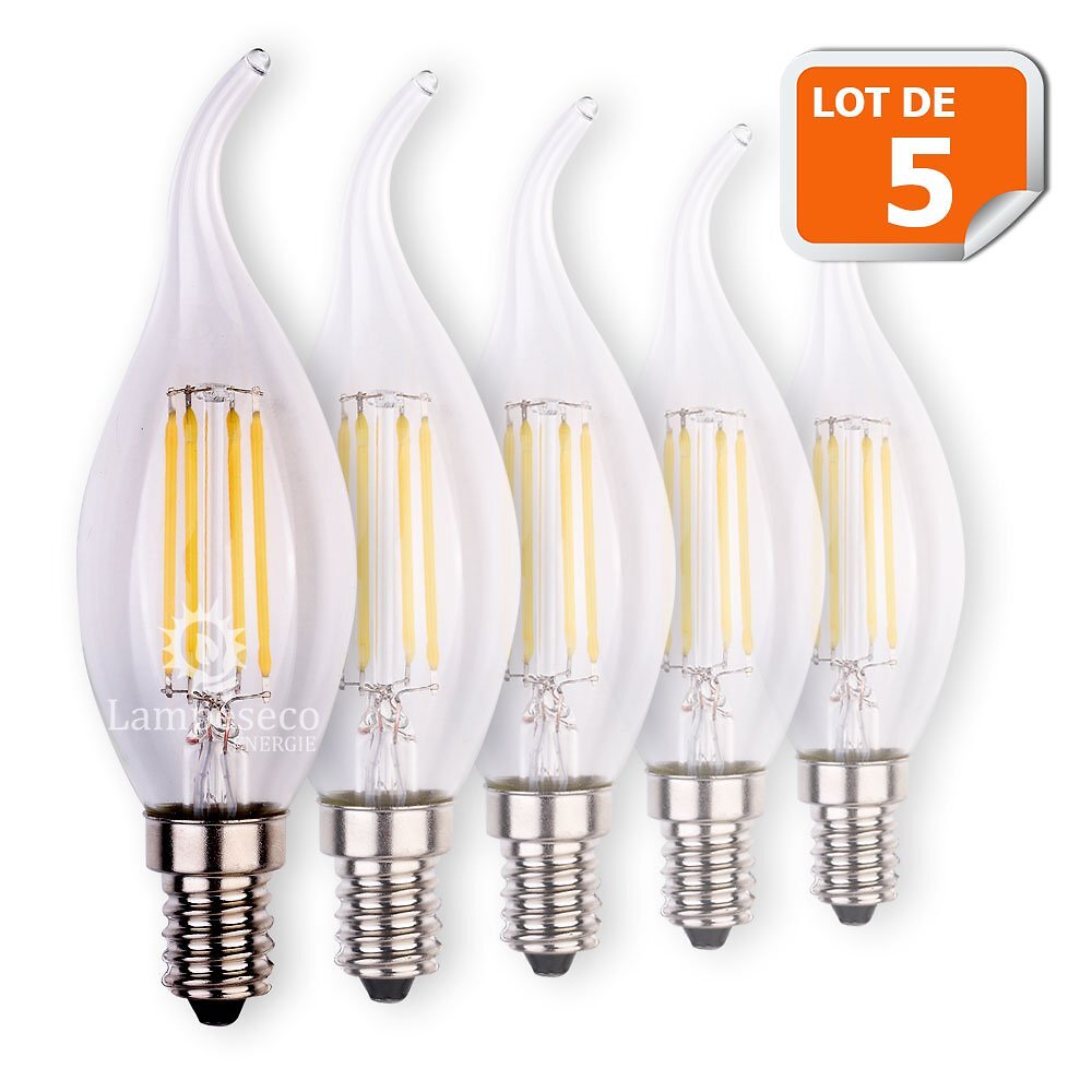 Lot de 5 Ampoules Led Flamme Coup de Vent Filament 4 watt (équivalent 42 Watt) Culot E14 à ...