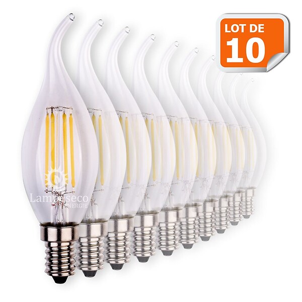 Lot de 10 Ampoules Led Flamme Coup de Vent Filament 4 watt (équivalent 42 Watt) Culot E14 à ...