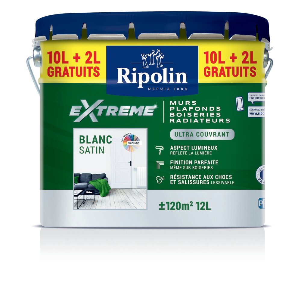 Peinture RIPOLIN Extrême Murs Plaf Boiseries Radiateurs Blc Sat 10+2L ...