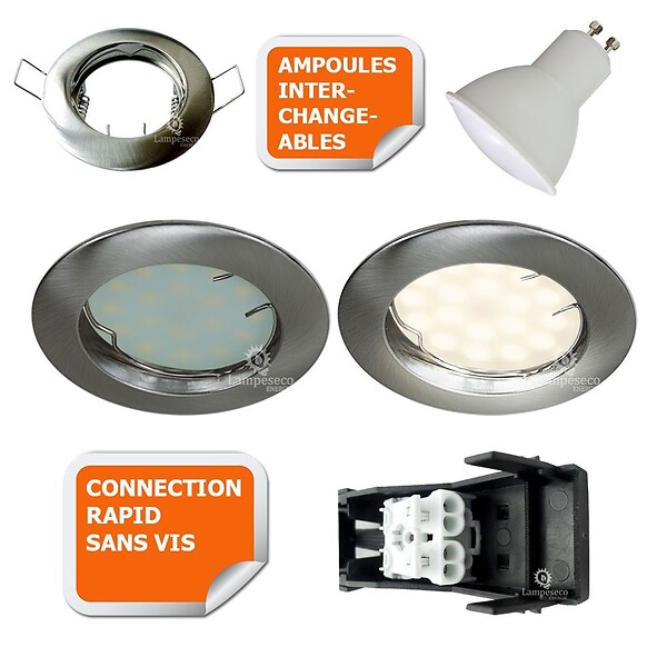 Lot De 3 Spot Led Encastrable Complete Ronde Fixe Alu Brosse Eq 50w