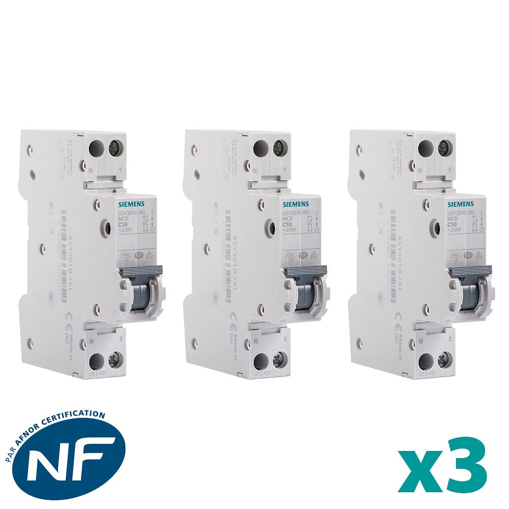 SIEMENS- 5SY3010-7KL LOT 3 DISJONCTEURS MODULAIRES 230V, 4,5kA, 1+N POLES, COURBE C, 10A ...