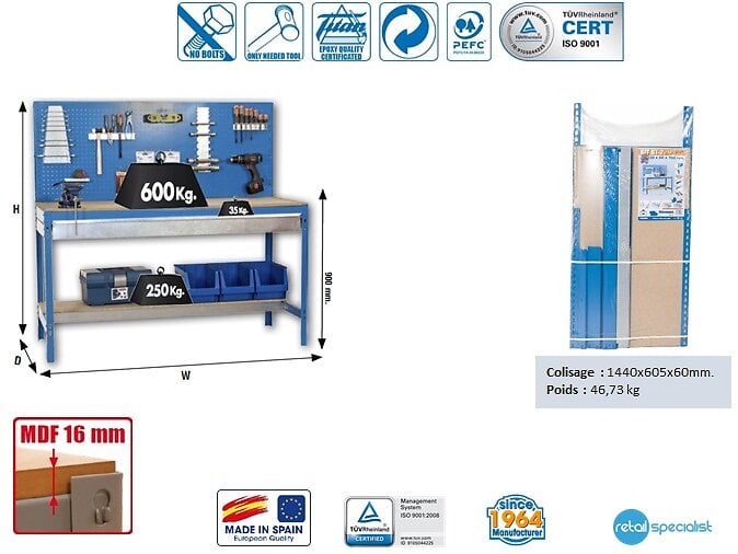 SimonRack - Kit Etabli avec tiroir 1440x1500x600mm - BT-2 BOX 1500 BLEU ...