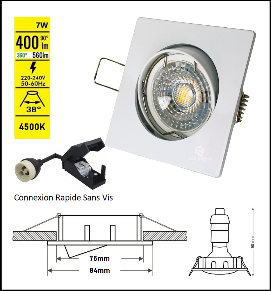 LOT DE 30 SPOT LED CARRE BLANC 230V 38° BLANC NEUTRE | Bricomarché
