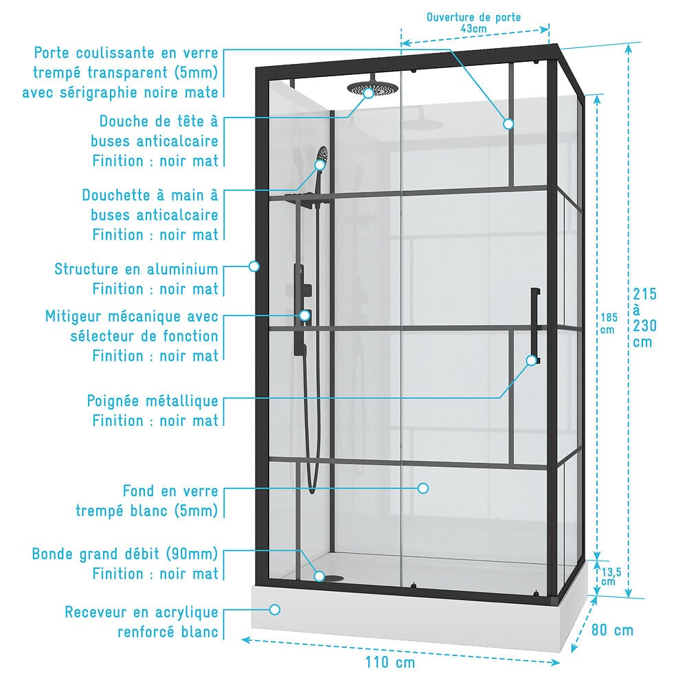 Cabine de douche 110x80cm / Receveur Haut - Verre transparent ...