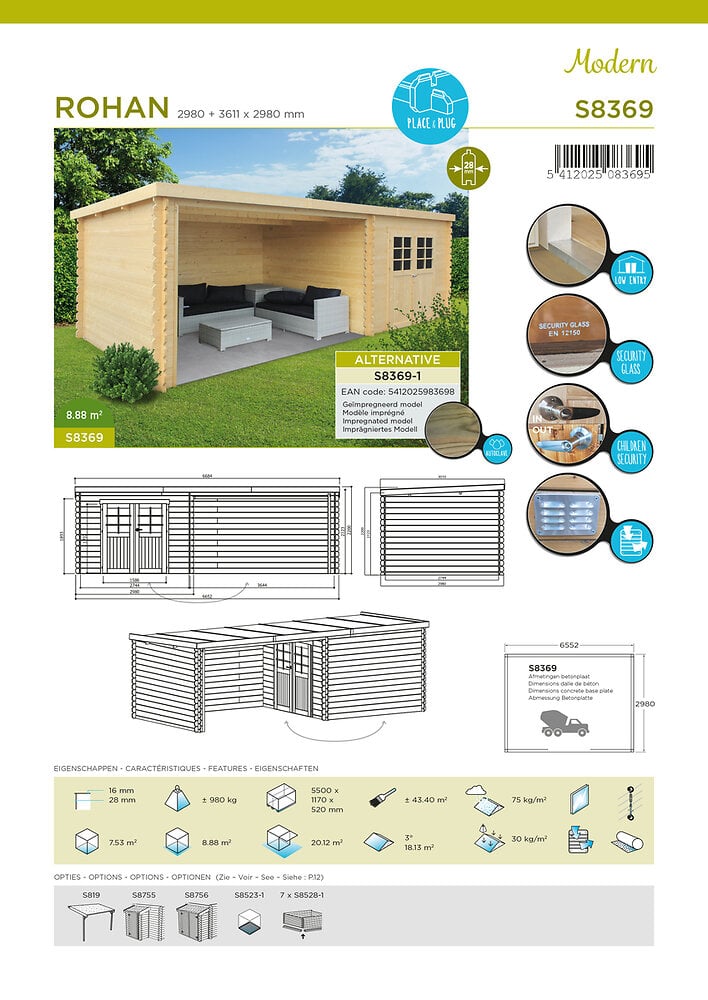 Abri de jardin avec terrasse couverte Rohan - Sapin - 19,82m2 | Bricomarché