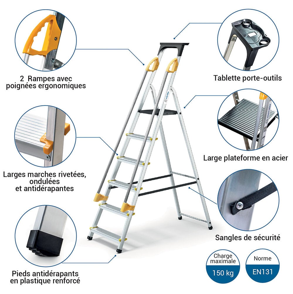 Escabeau 6 marches DURAMP sécurisé avec rampes, tablette porte-outils ...