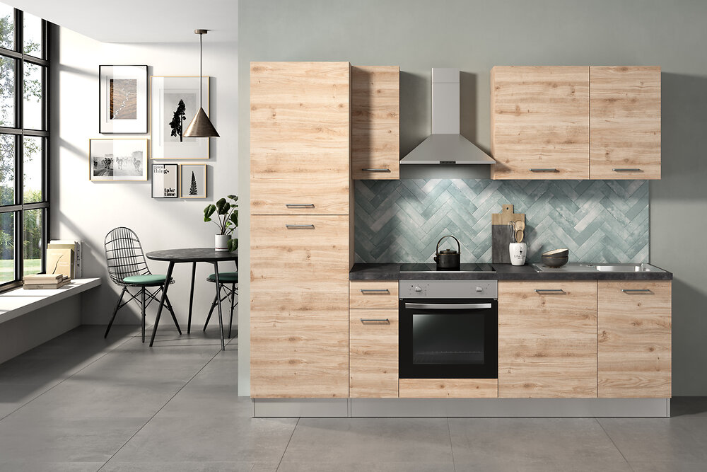Cuisine avec meubles prémontés Caterina - Chene et ardoise - 255cm ...