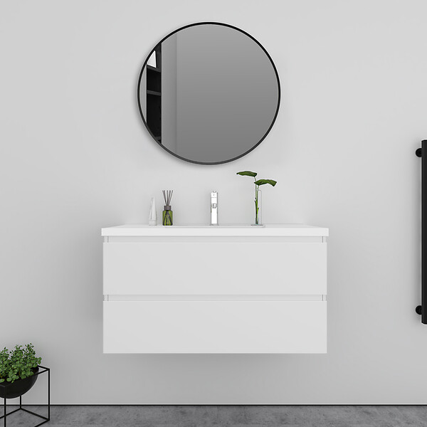 Meuble Blanc simple vasque l.99 x W.46 x H.52 cm,lavabo + miroir rond ...