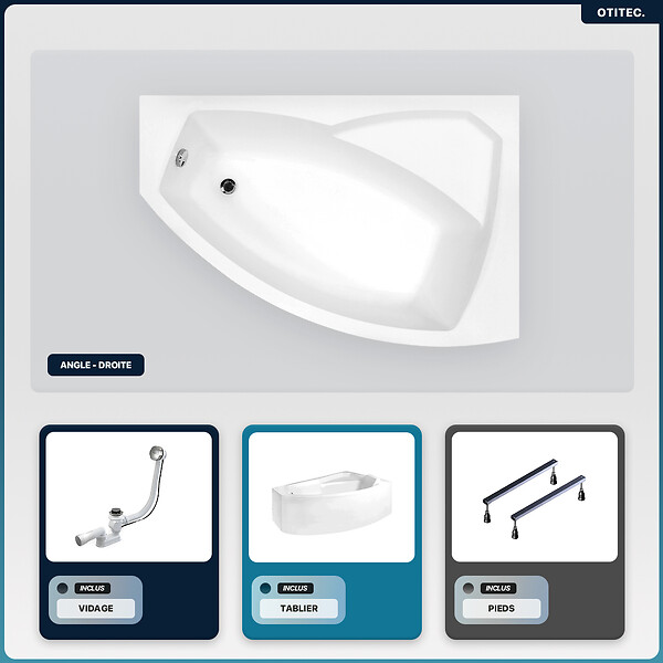 Baignoire asymétrique - 140 x 90 cm - Droite - avec Tablier - Pieds ...