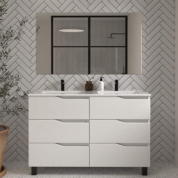 Meuble de salle de bain 120cm double vasque - 6 tiroirs - blanc - MATA ...