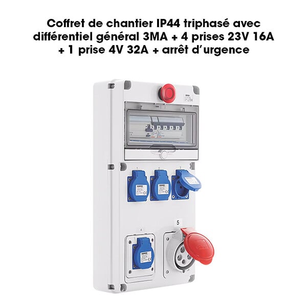 GEWISS-Coffret de chantier triphasé IP44 avec différentiel 3MA, 4 prises 230V 16A, 1 prise 400V ...