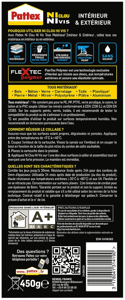 Colle Fixation NCNV Tous Matériaux Intérieur et Extérieur Cart 450g ...