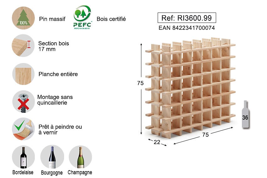 Casier à bouteilles Rioja 36 bouteilles - Pin massif | Bricomarché