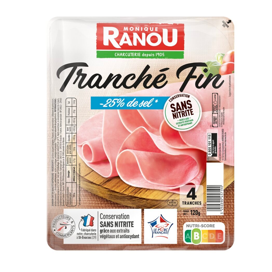 Jambon de porc supérieur Tranché Fin réduit en sel Monique Ranou ...