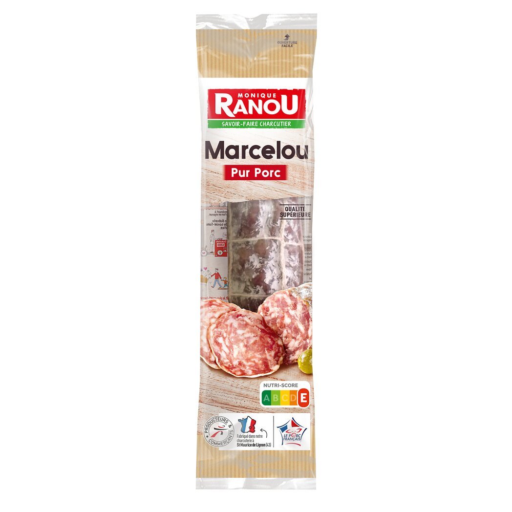 Saucisson sec Marcelou pur porc Monique Ranou, une marque Intermarché ...