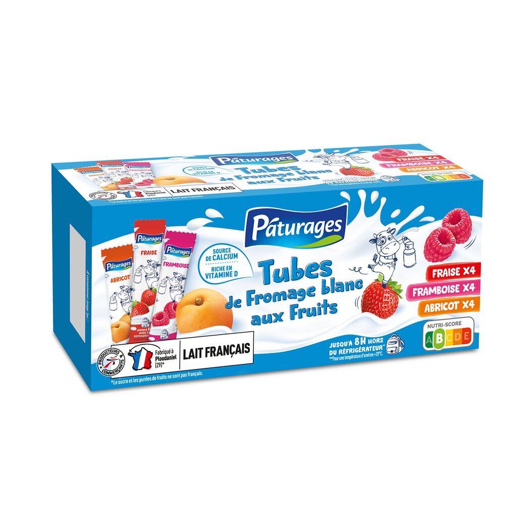 Tubes de fromage blanc aux fruits fraise/framboise/abricot Pâturages ...